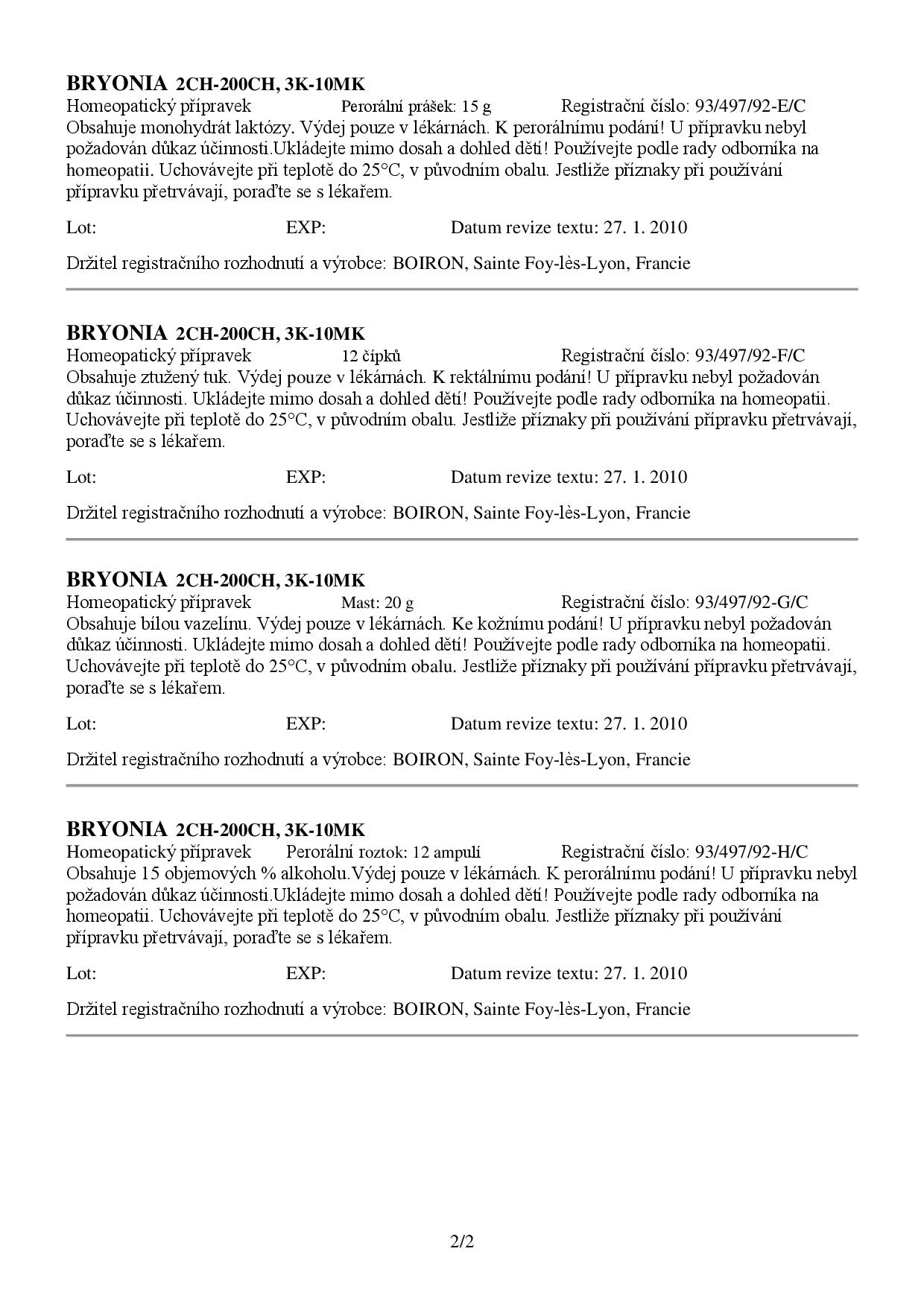 Příbalový leták Boiron Bryonia 9CH 4 g - Zbozi.cz