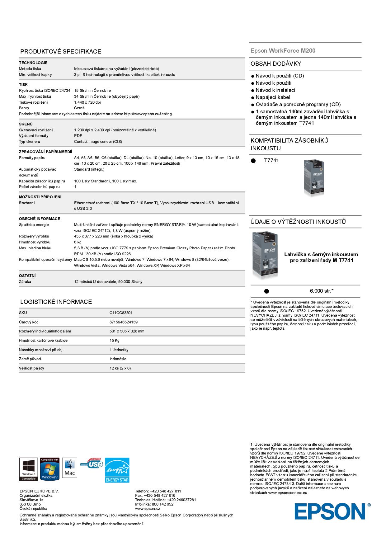 Datový list Epson Workforce M200 - Zbozi.cz