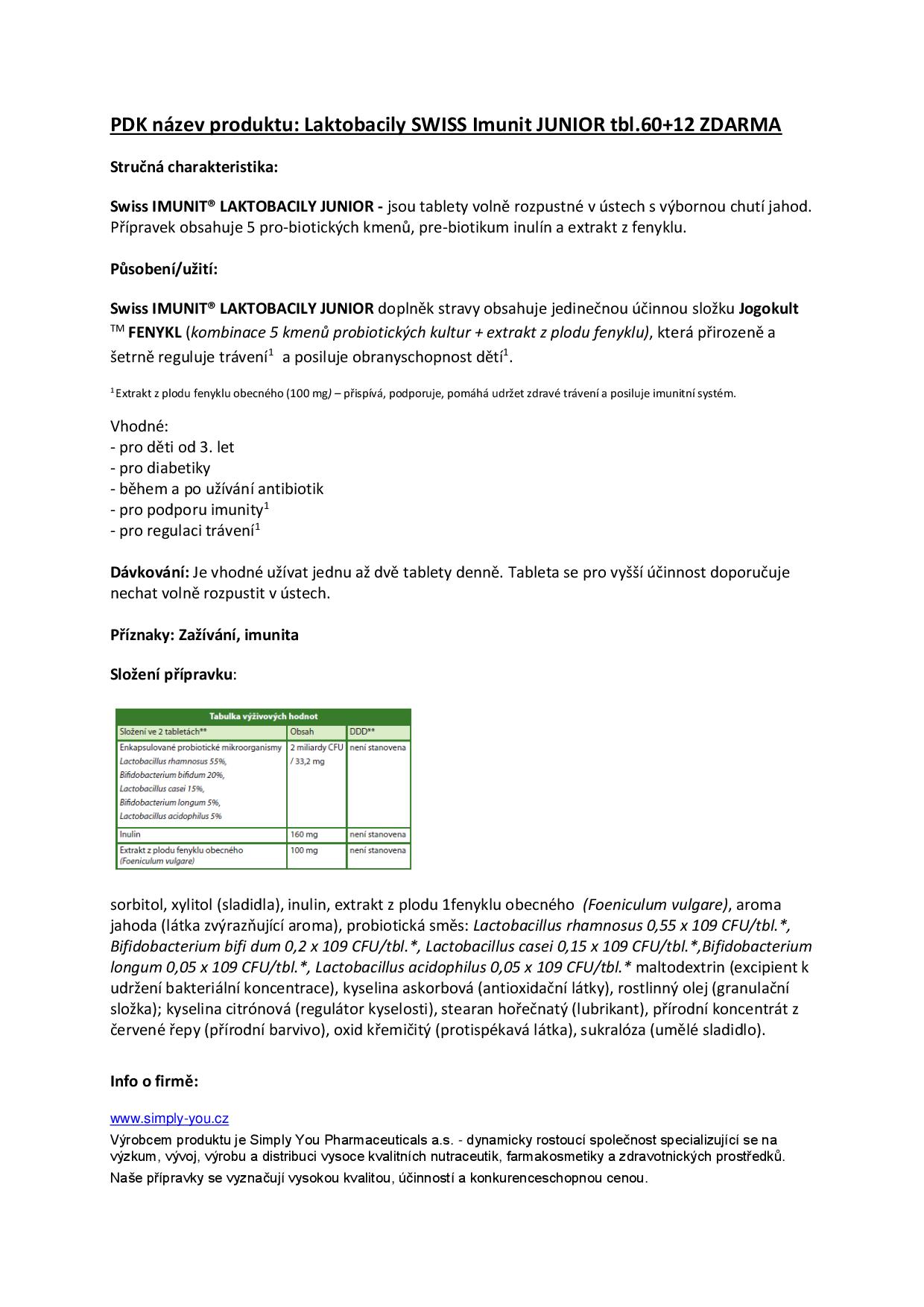 Příbalový leták Swiss Imunit Laktobacily Junior - Zbozi.cz