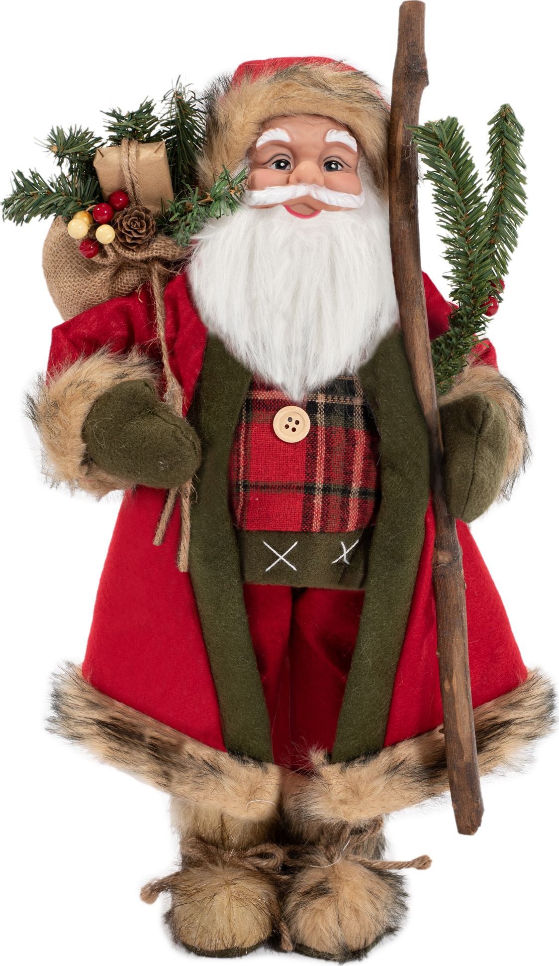 Vánoční postavička Santa Claus s dřevěnou holí a pytlem na zádech ...
