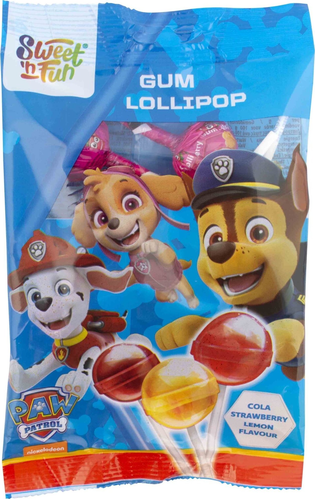 Sweet N’ Fun Paw Patrol Gum Lollipop Cola/Strawberry/Lemon 90 g - Zbozi.cz