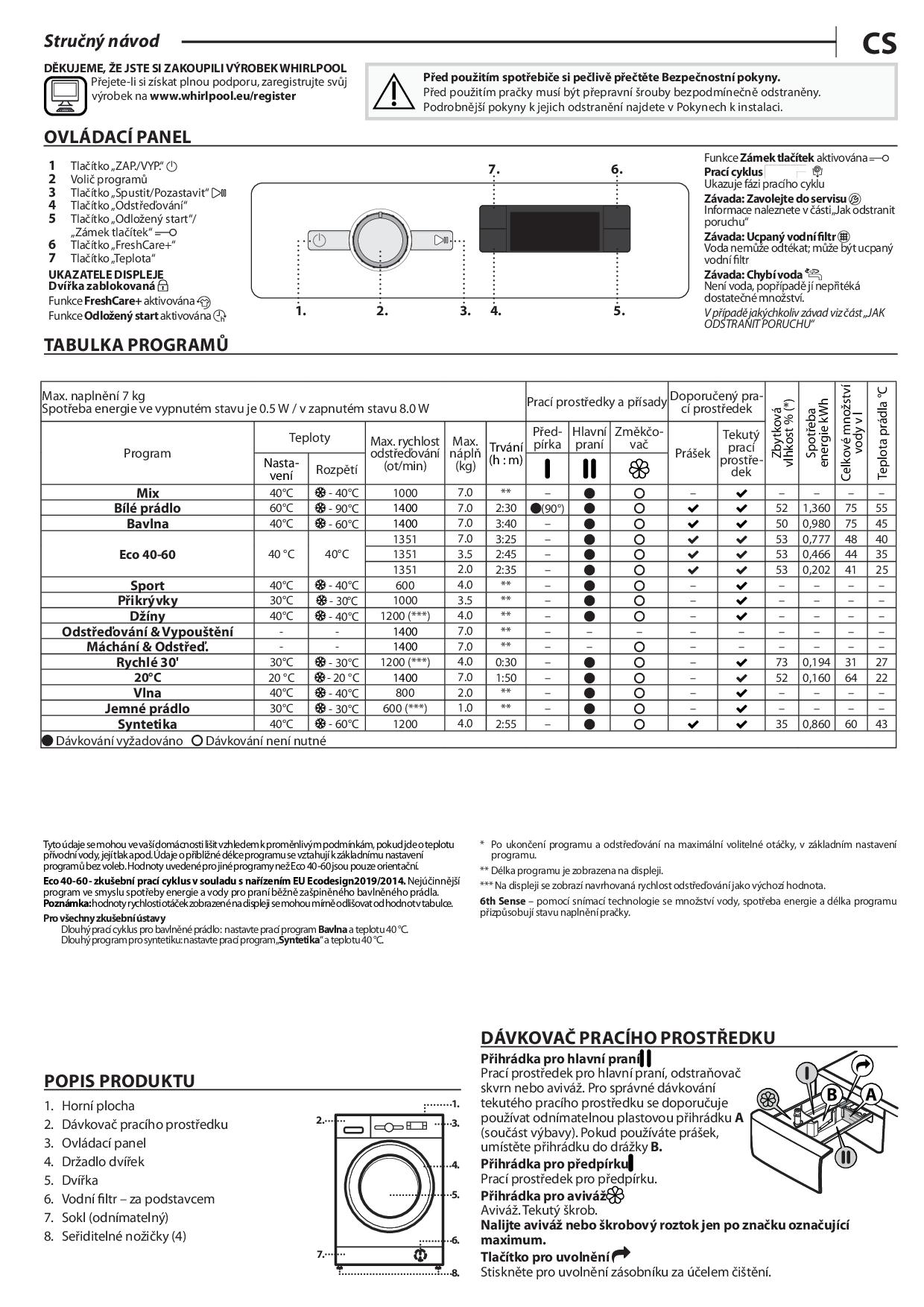 Stručný návod Whirlpool FFS 7469 B CS - Zbozi.cz