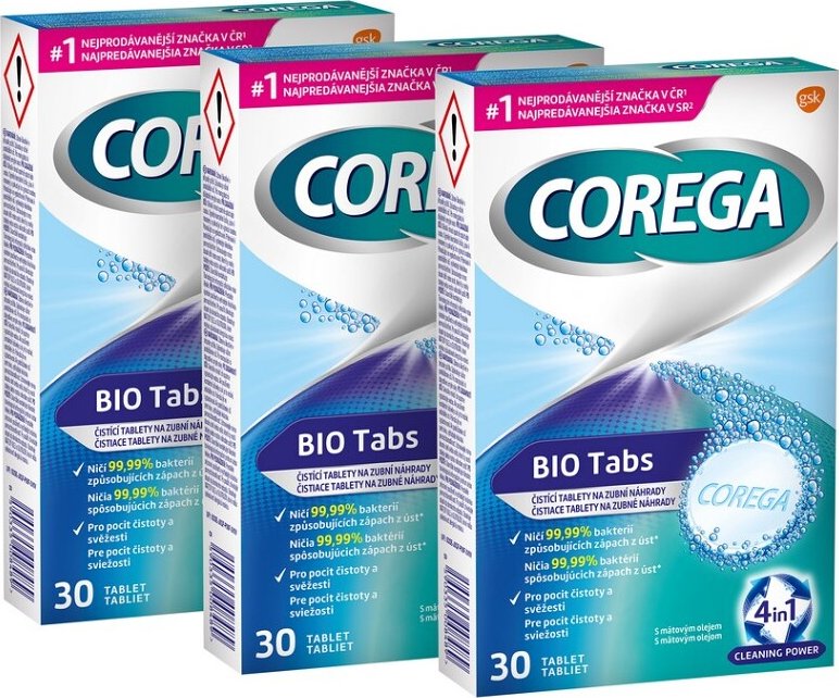 Corega BIO Tabs antibakteriální tablety 3x 30 ks od 186 Kč - Zbozi.cz