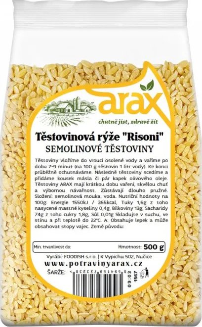 ARAX Semolinové těstoviny Risoni 500 g od 33 Kč - Zbozi.cz