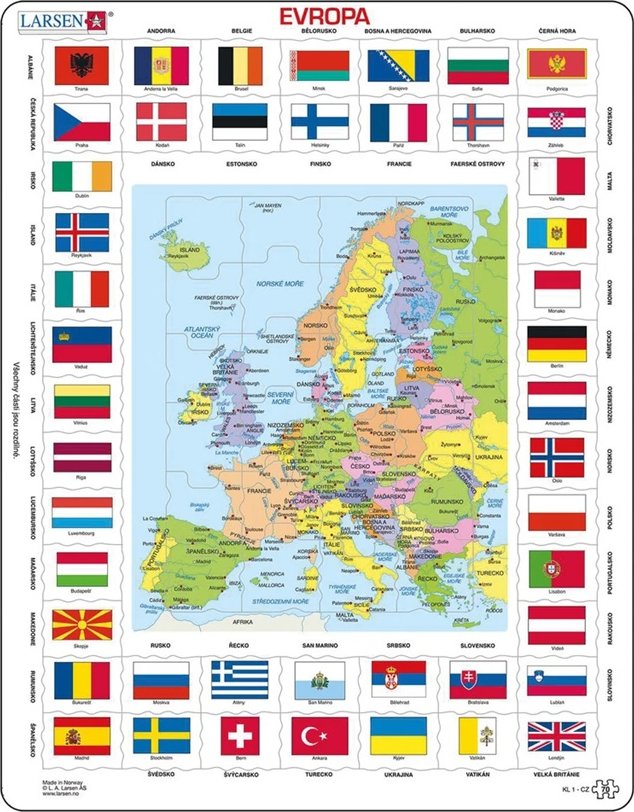 Larsen KL1 Maxi politická mapa Evropy s vlajkami 70 dílků od 159 Kč ...