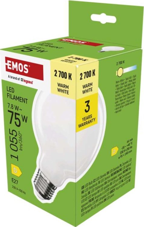 EMOS Filament G95 LED E27 7,8W 230V 1055lm teplá bílá od 107 Kč - Zbozi.cz