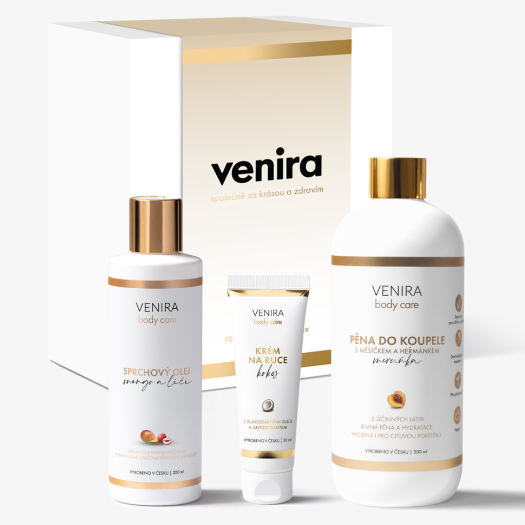 VENIRA Dárková sada sprchový olej 200 ml + krém na ruce 30 ml + pěna do ...