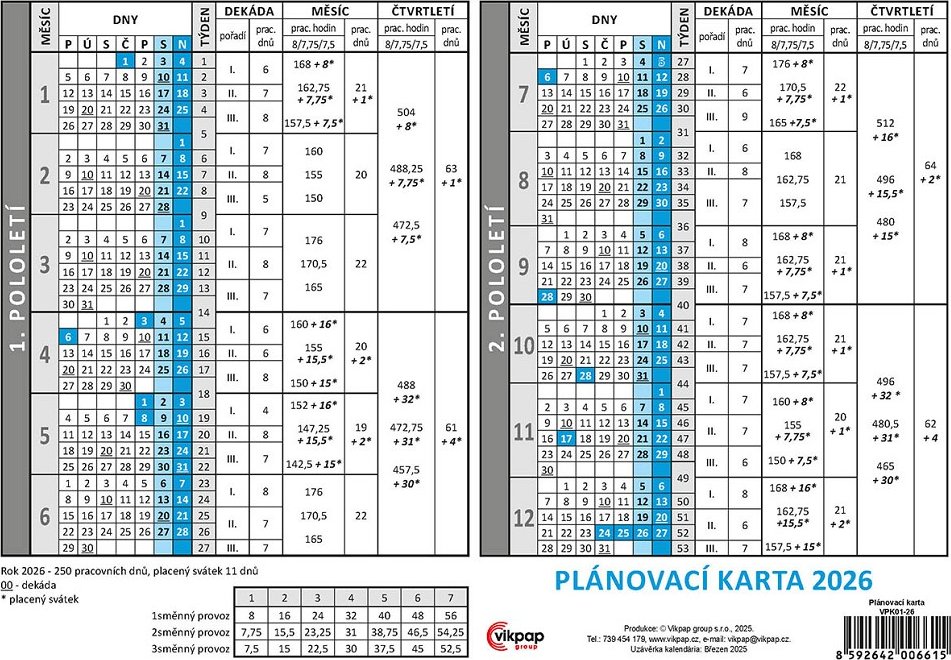 Vikpap group Plánovací karta 50 ks VPK01-26 modrá 2026 - Zbozi.cz