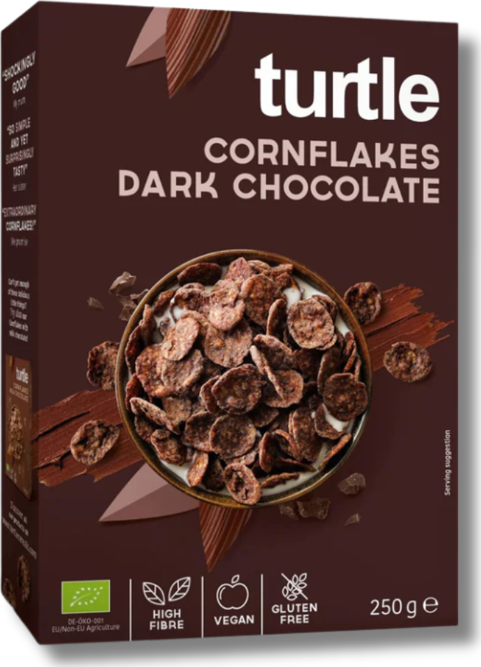 Turtle Cereals Kukuřičné lupínky v hořké čokoládě BIO 250 g od 175 Kč ...
